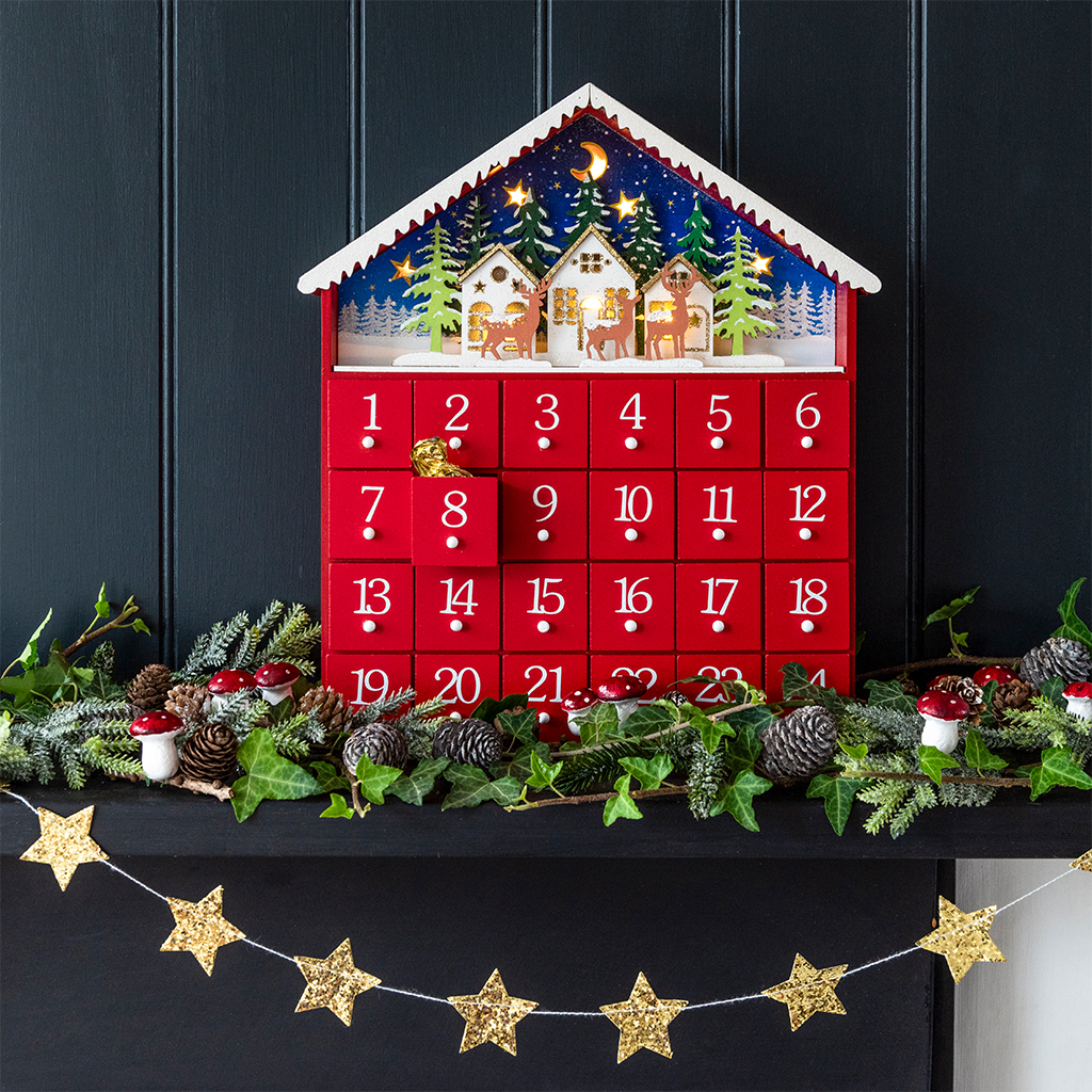 Wooden advent calendar with LED lights - Red house | ﻿Rex London