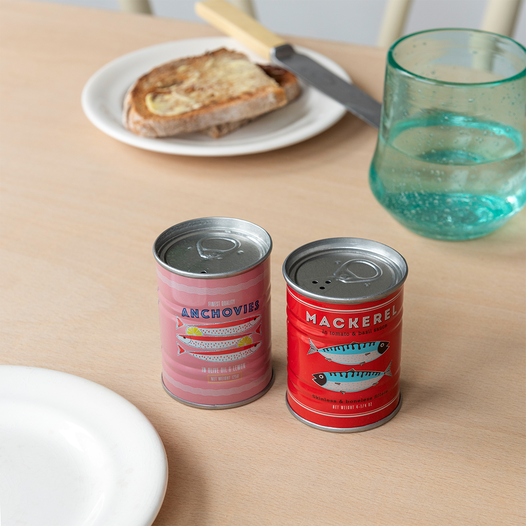 Tin salt and pepper shakers - Fish MACKEREL & ANCHOVIES | ﻿Rex London