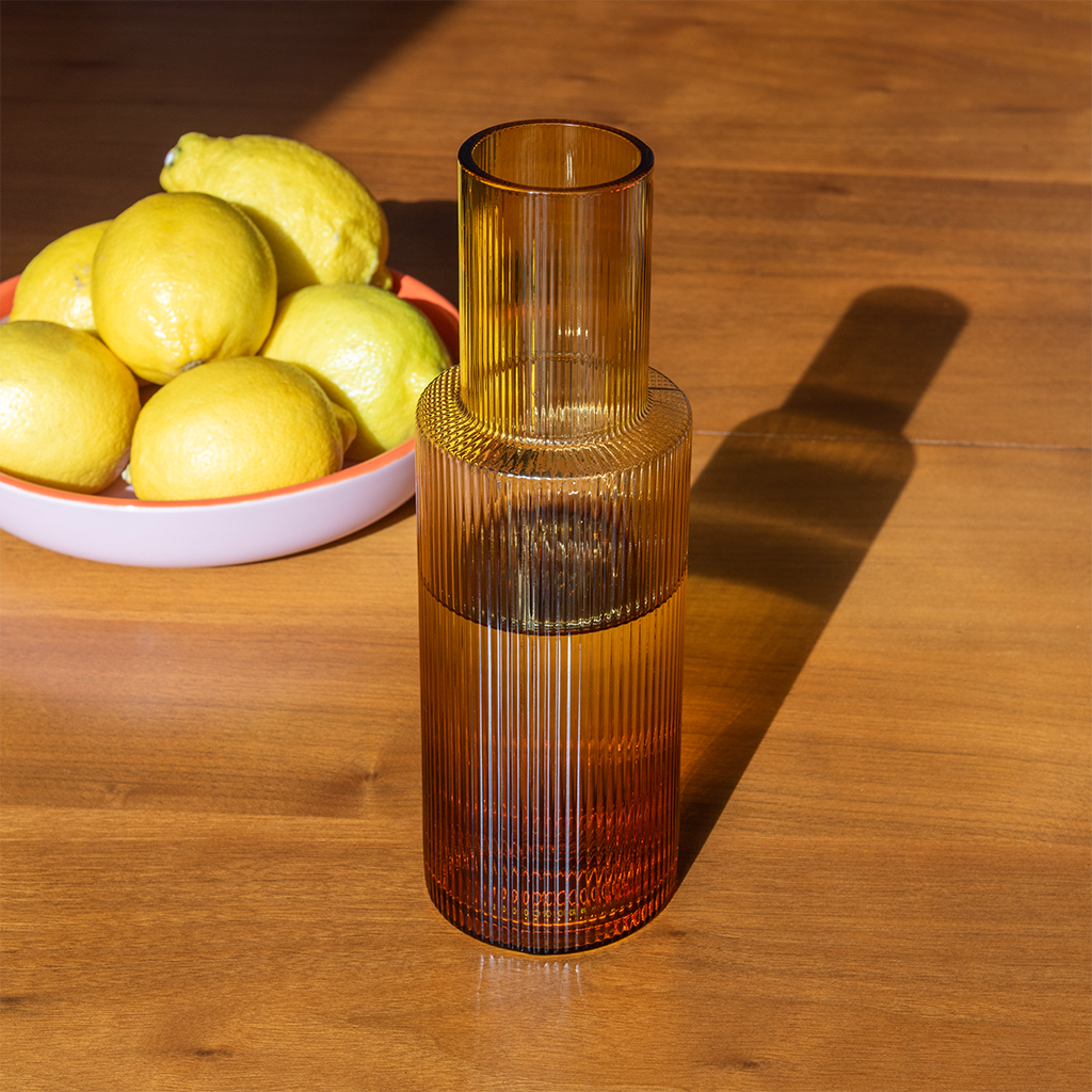 Retro ribbed glass bedside carafe 850ml - Amber