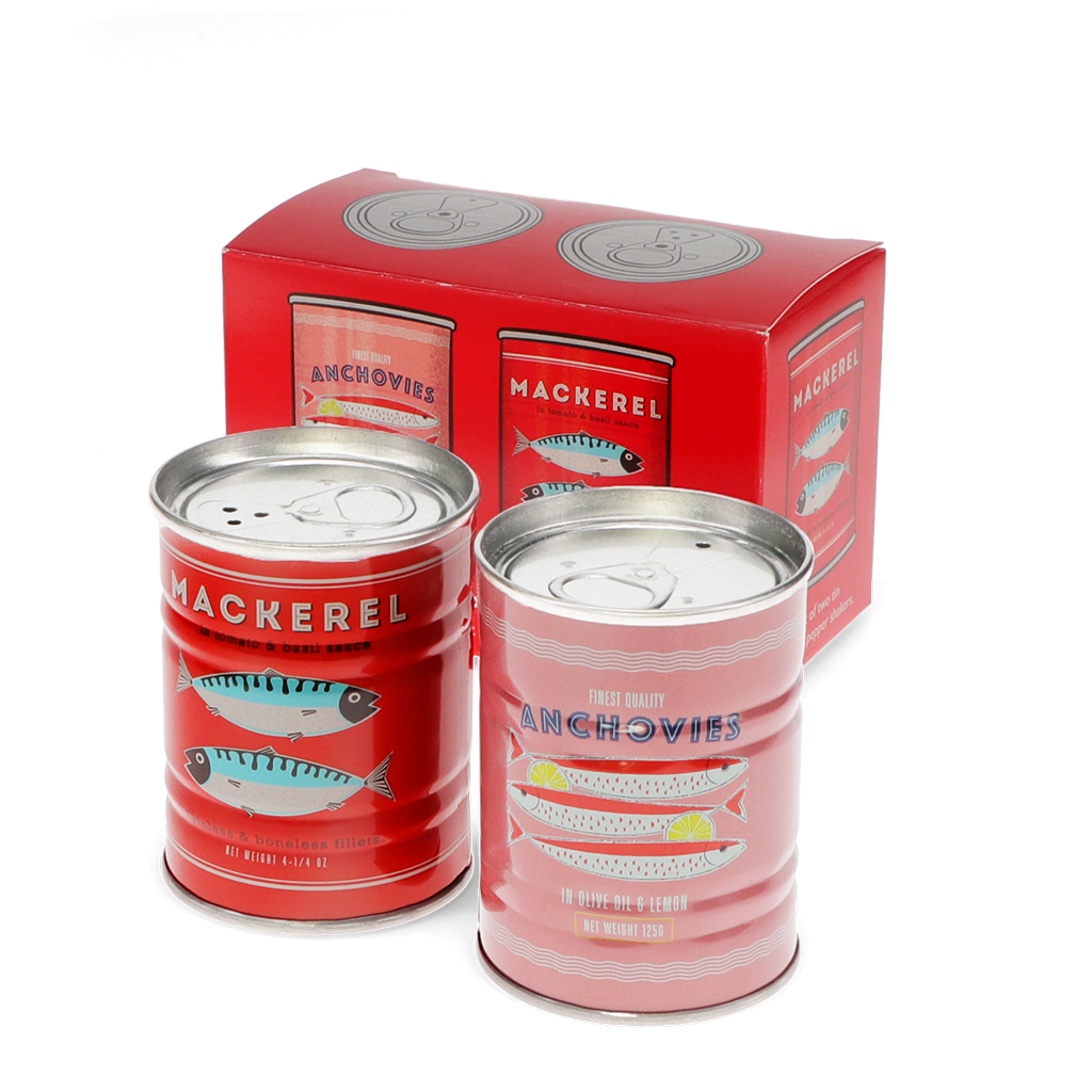 Tin salt and pepper shakers - Fish MACKEREL & ANCHOVIES | ﻿Rex London