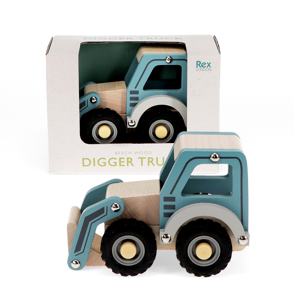 Wooden push along vehicle toy - Digger truck (blue) | ﻿Rex London