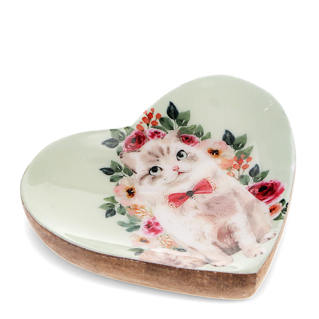 Wooden heart-shaped trinket dish - Cat | ﻿Rex London