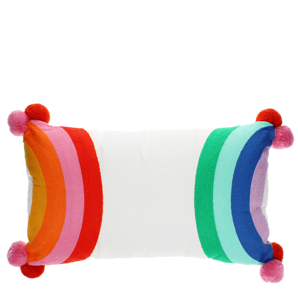 Embroidered cushion with pom poms - Rainbow | ﻿Rex London