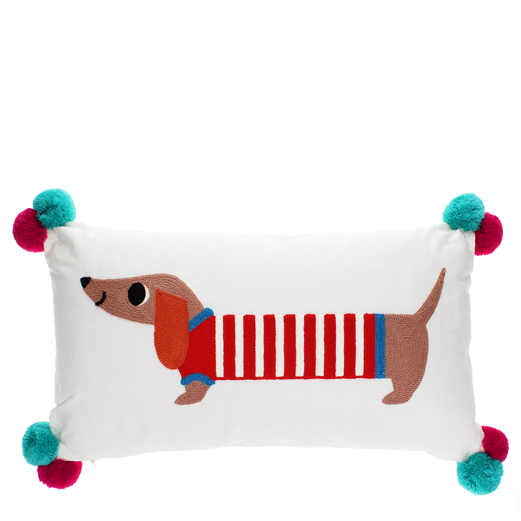 Embroidered cushion with pom poms - Sausage Dog | ﻿Rex London