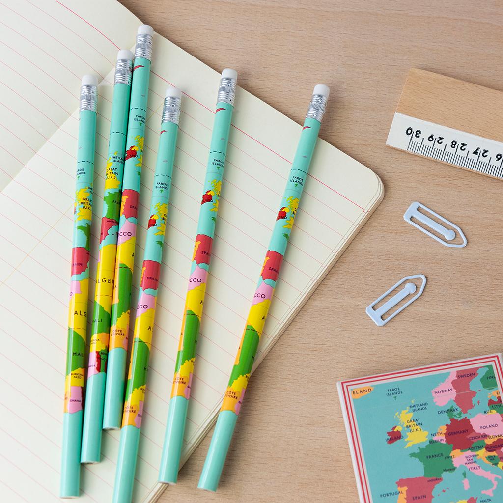 World Map Hb Pencils (set Of Six) | ﻿Rex London