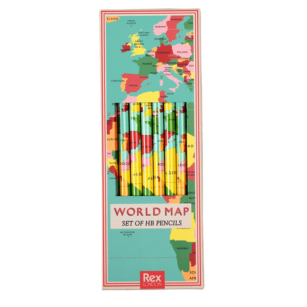 World Map Hb Pencils (set Of Six) | ﻿Rex London