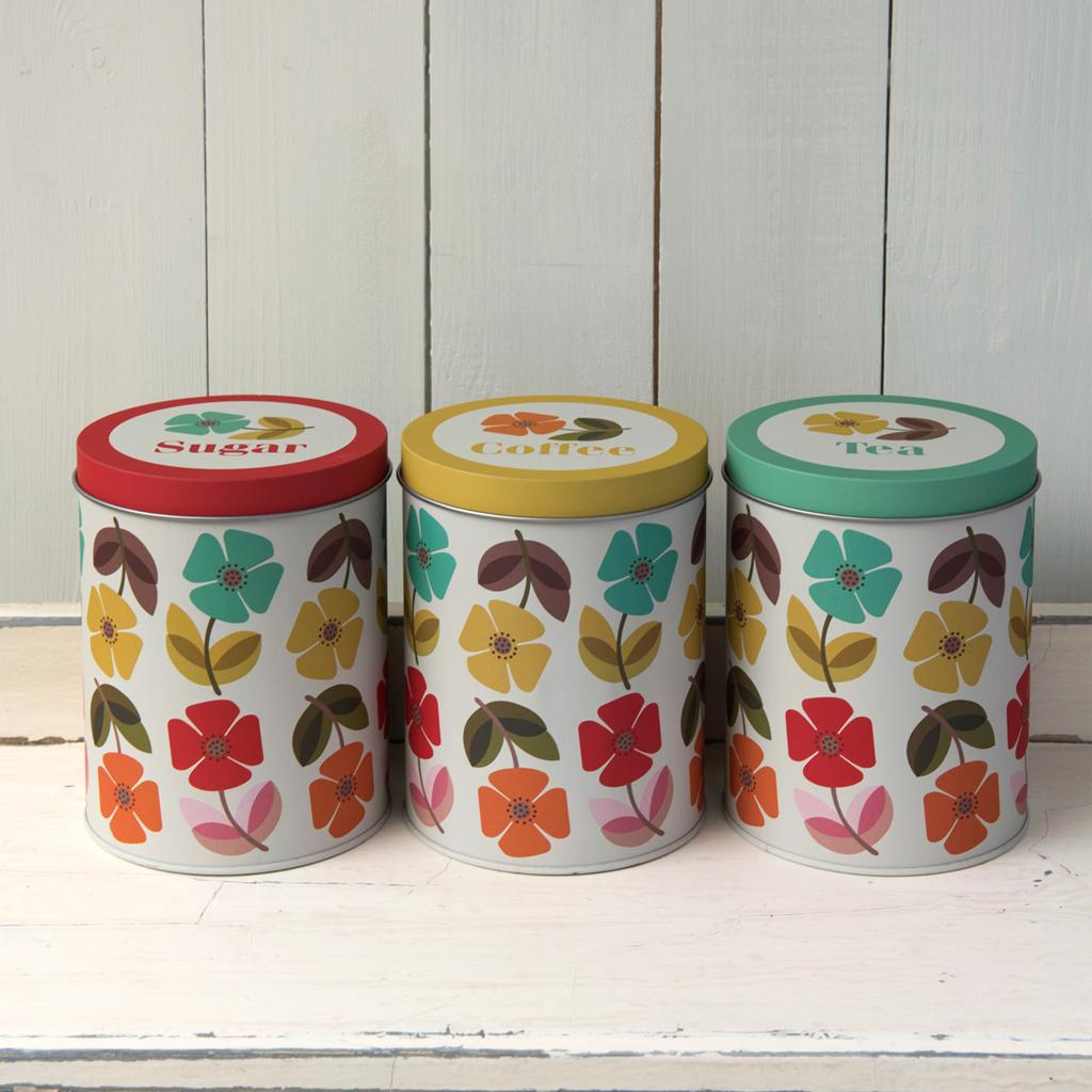 Mid Century Poppy Set Of 3 Tea Coffee Sugar Tins | ﻿Rex London