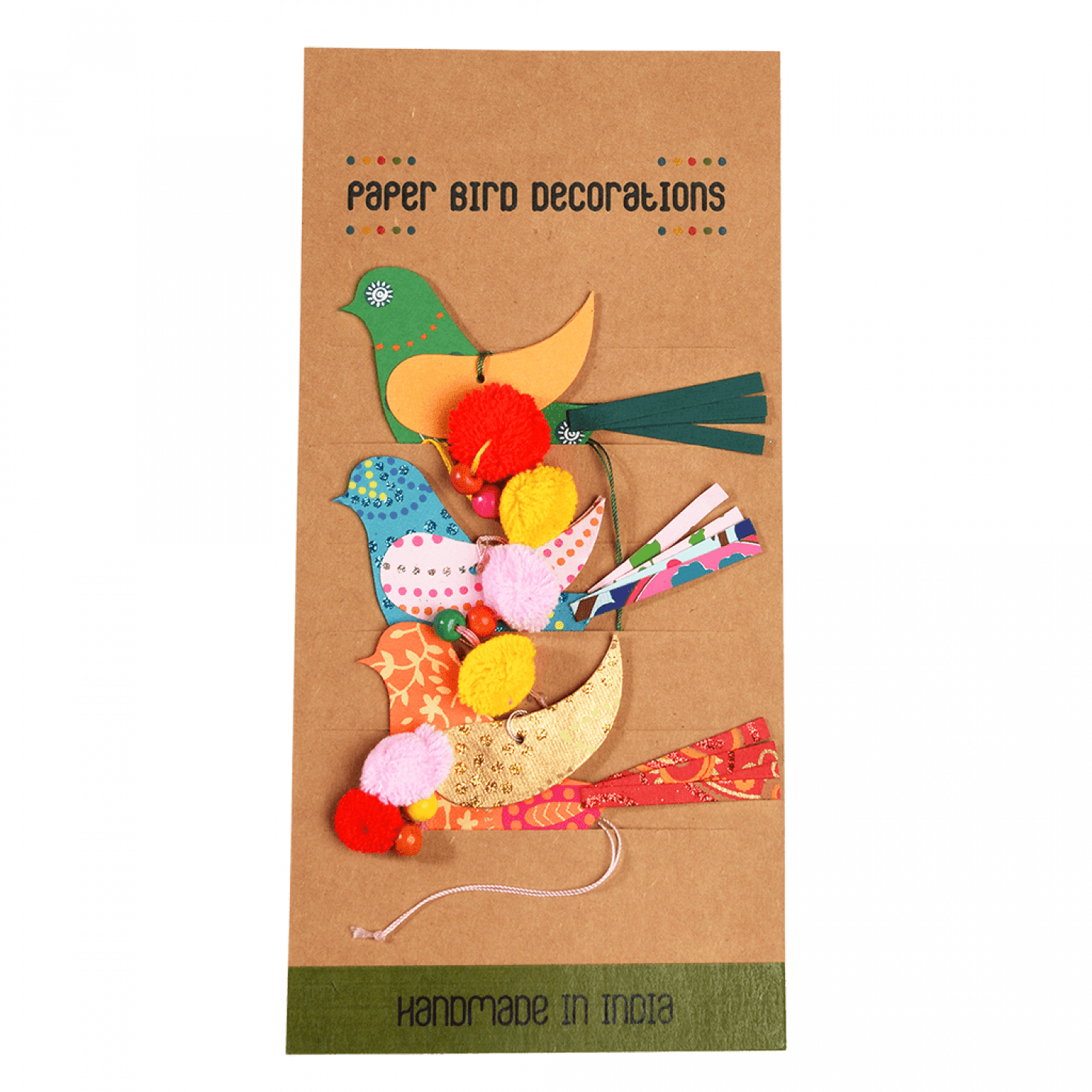 Hanging Paper Bird Decorations With Pom-Poms (set Of 3) | ﻿Rex London