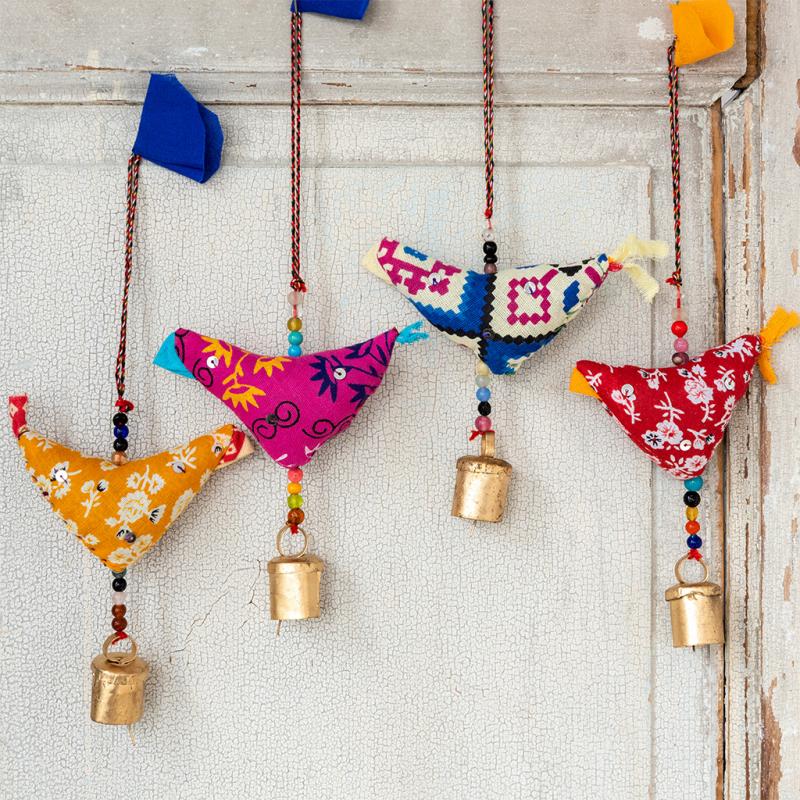 Recycled cloth hanging decoration - Bird with bell (assorted colours ...
