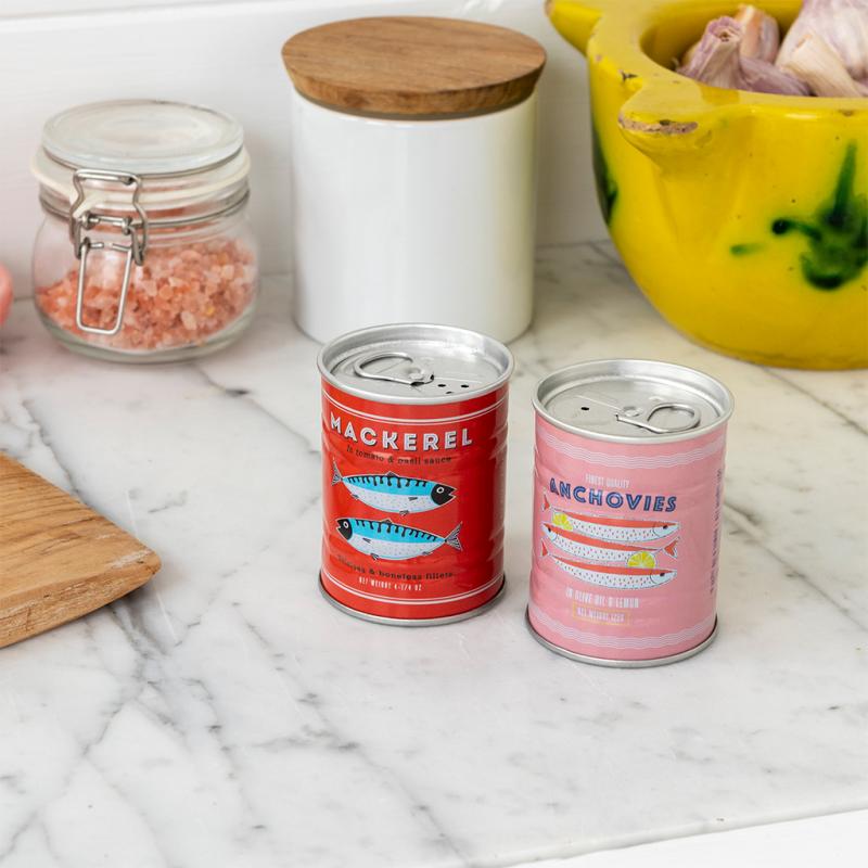 Tin salt and pepper shakers - Fish MACKEREL & ANCHOVIES | ﻿Rex London